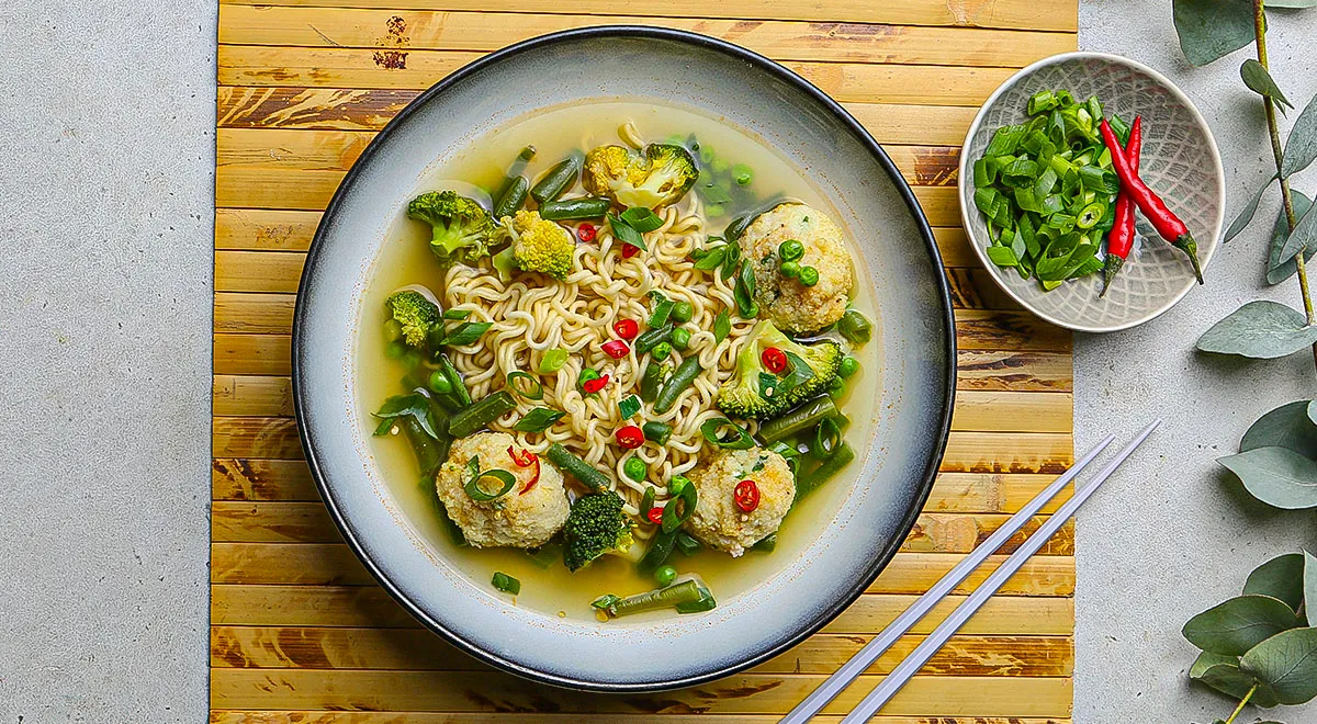 Fish Meatball Soup with Vegetables and Noodles