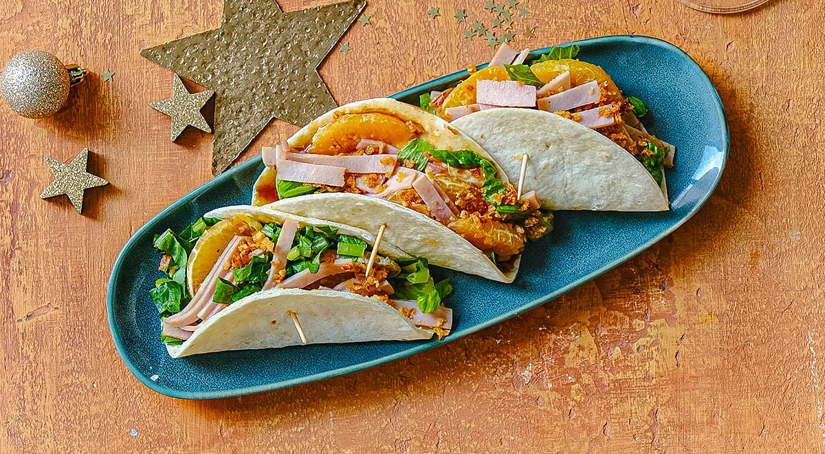 Teriyaki Glazed Tacos with Ham and Mandarin